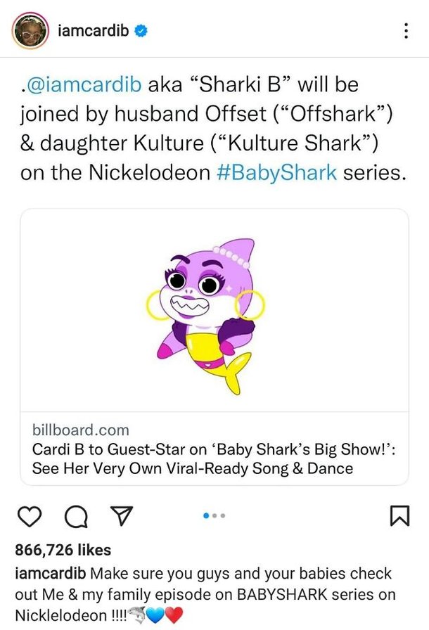 American rapper Cardi B to guest star in Baby Shark's Big Show episode ...