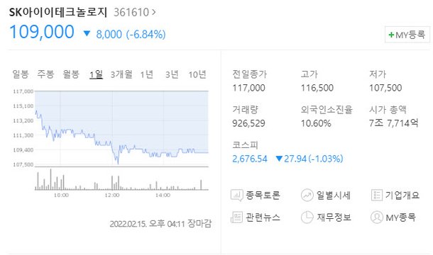 [특징주] SKIET, 지난해 4Q 실적 부진에 상장 이래 최저가…공모가 근접 : 네이트 뉴스
