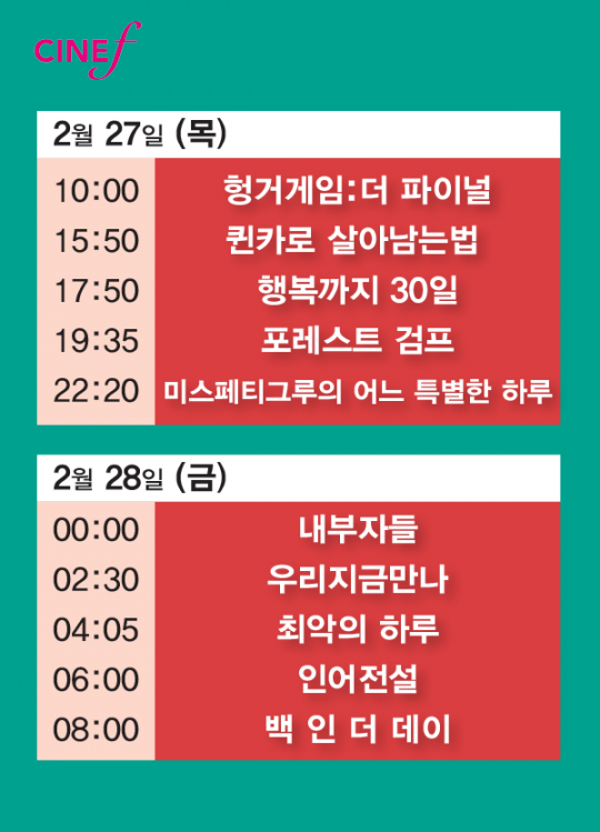 [오늘의 무비타임] 27~28일 채널CGV·OCN·수퍼액션·씨네프·스크린…카메라를 멈추면 안 돼!·치외법권·가디언즈 오브 갤럭시Vol.2·궁합·장화,홍련·엽기적인 그녀 2 ...