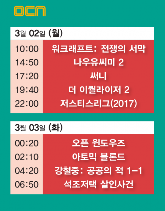 [오늘의 무비타임] 3월 2~3일 채널CGV·OCN·수퍼액션·씨네프·스크린…쥬라기월드·곡성·워크래프트: 전쟁의 서막·나우유씨미 2·써니·해피 데스데이·나를 찾아줘·김복동 ...
