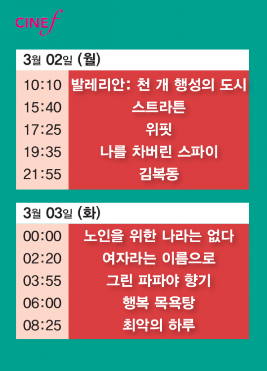 [오늘의 무비타임] 3월 2~3일 채널CGV·OCN·수퍼액션·씨네프·스크린…쥬라기월드·곡성·워크래프트: 전쟁의 서막·나우유씨미 2·써니·해피 데스데이·나를 찾아줘·김복동 ...