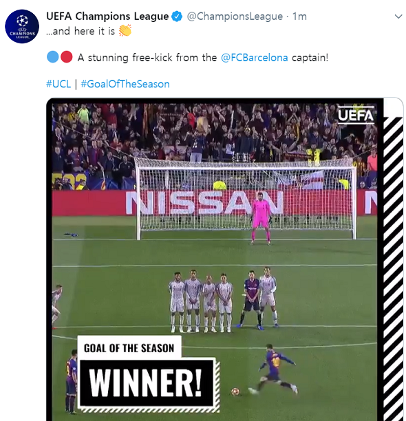 [오피셜] '우리형' 메시의 리버풀전 프리킥, 2018-19 UCL 최고의골 선정 : 네이트 스포츠