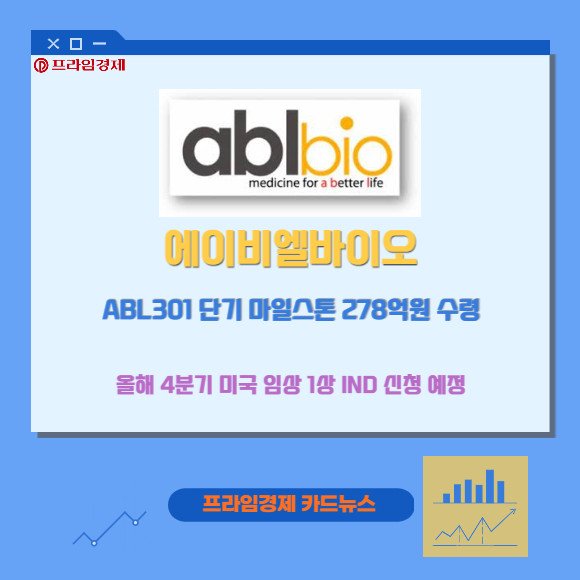 [카드] 에이비엘바이오, ABL301 단기 마일스톤 278억 수령 : 네이트 뉴스