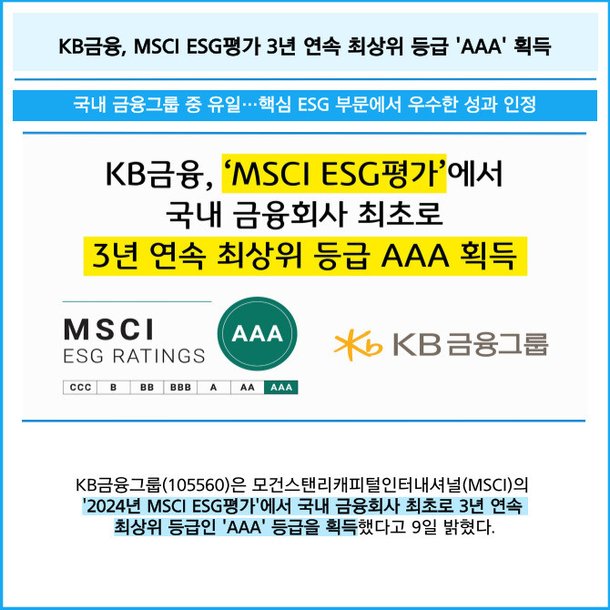 [카드] KB금융, MSCI ESG평가 3년 연속 최상위 등급 'AAA' 획득 : 네이트 뉴스