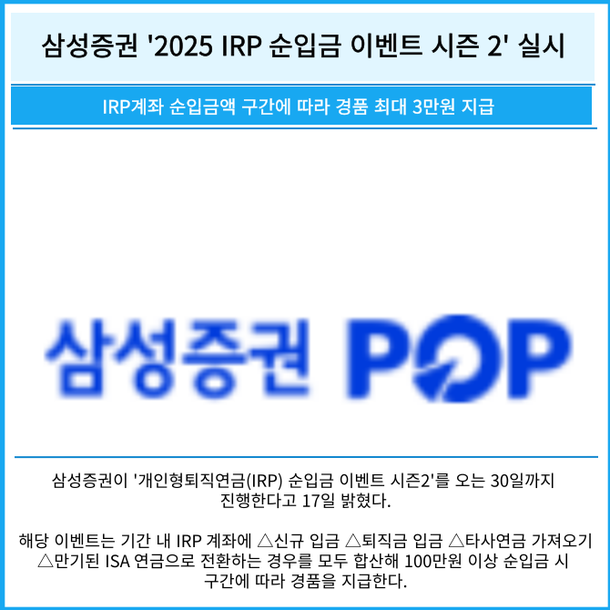 [카드] 삼성증권 '2025 IRP 순입금 이벤트 시즌 2' 실시 : 네이트 뉴스