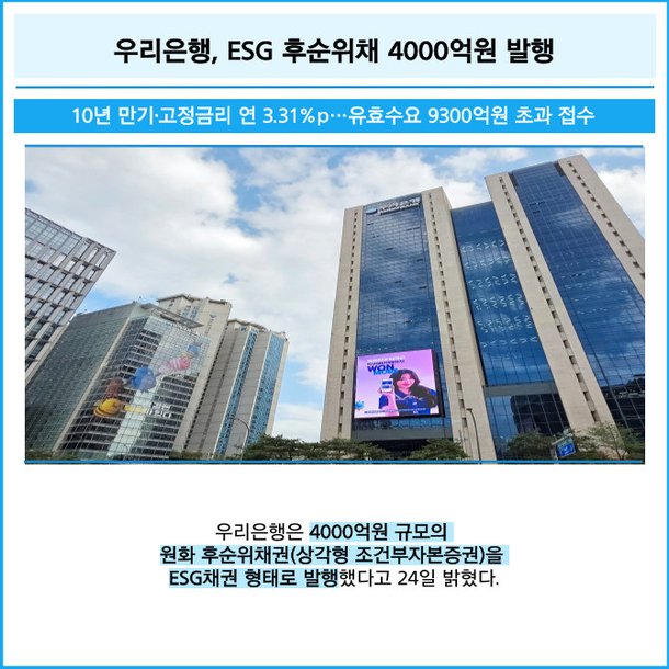 [카드] 우리은행, ESG 후순위채 4000억원 발행 : 네이트 뉴스