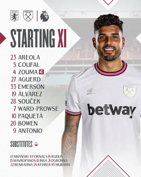 '선두권 추격' 노리는 애스턴 빌라, EPL 9R 웨스트햄전 선발 명단 공개 : 네이트 스포츠