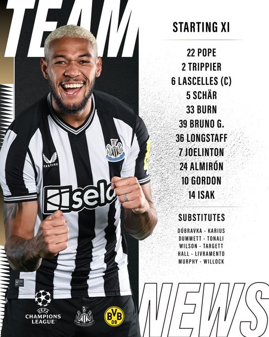 'PSG 대파' 뉴캐슬, UCL F조 3R 도르트문트전 선발 명단 공개 : 네이트 스포츠