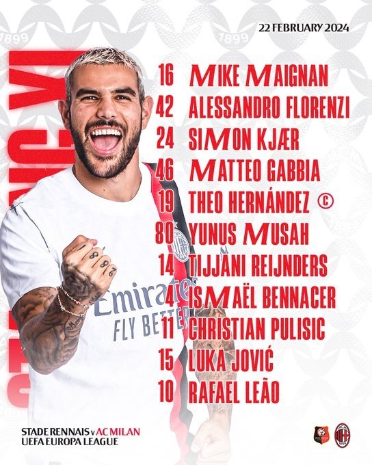 '1차전 3-0 완승' AC 밀란, UEL PO 2차전 스타드 렌 원정 선발 명단 공개 : 네이트 스포츠