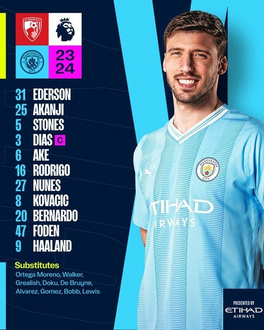 '본머스 상대 14연승' 맨시티, EPL 26R 본머스 원정 선발 명단 공개 : 네이트 스포츠