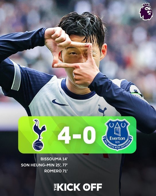 "끝까지 압박하는 모범을 보였다" 경기 최고 '평점 9점+MOTM' 선정···SON톱 나선 손흥민, 멀티골 터트리며 에버턴전 4-0 대승 견인 : 네이트 스포츠
