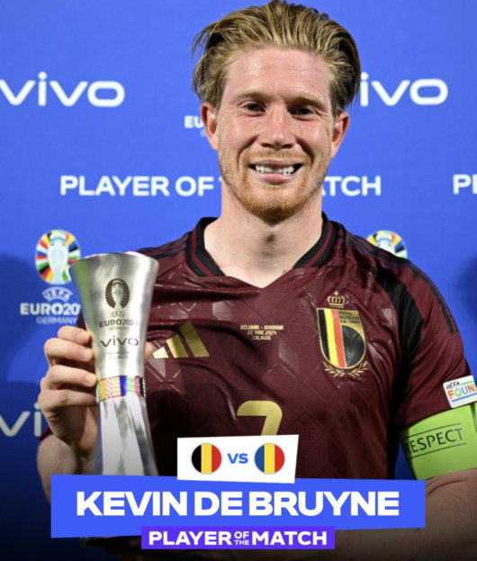 '슈팅-패스-드리블 모두 완벽' 2-0 승리 이끈 KDB, 루마니아전 POTM 선정 [공식발표] : 네이트 스포츠