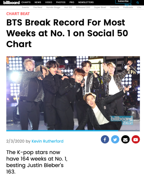 BTS, 빌보드 '소셜 50' 164번째 1위…"저스틴 비버 넘어섰다" : 네이트 연예