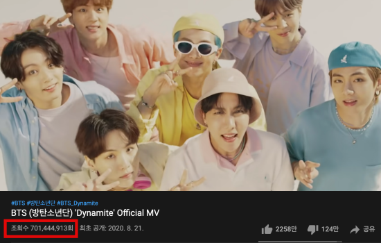 방탄소년단, 'Dynamite' 7억뷰…"You know BTS glow up!" : 네이트 연예