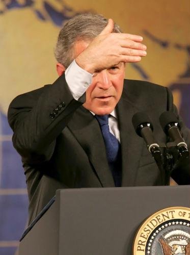 U.S. PRESIDENT BUSH SHADES EYES AS HE LISTENES TO A QUESTION FOLLOWING ...