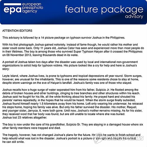 PHILIPPINES FEATURE PACKAGE TYPHOON SURVIVOR JOSHUA : 네이트 뉴스